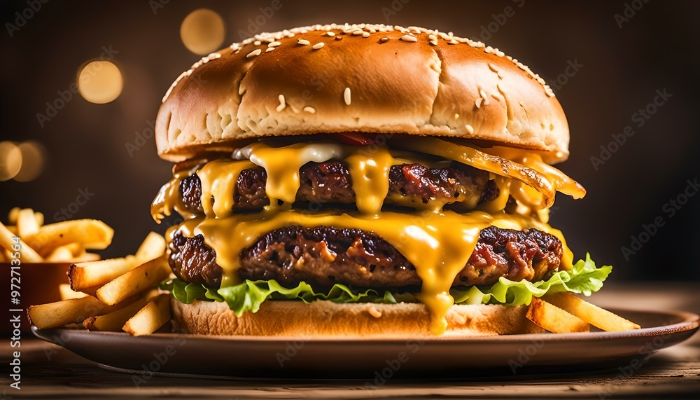 Homemade Flying Dutchman Cheeseburger with an Onion Bun and Fries Stock ...