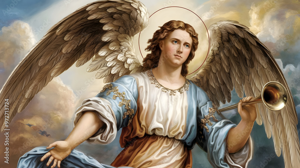 Archangel Gabriel Ascending in Majestic Heavenly Glory Holding a ...