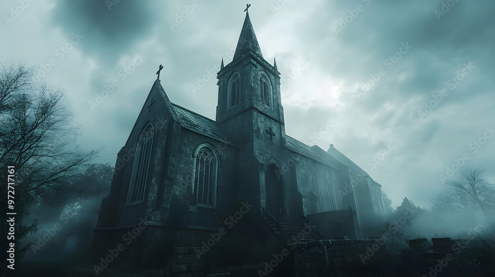 Gothic dark church exterior, abandoned and eerie, under a misty sky ...