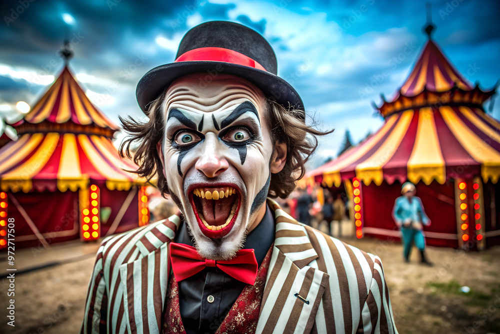 Screaming Clown in Black and White Costume at a Circus with Dramatic ...