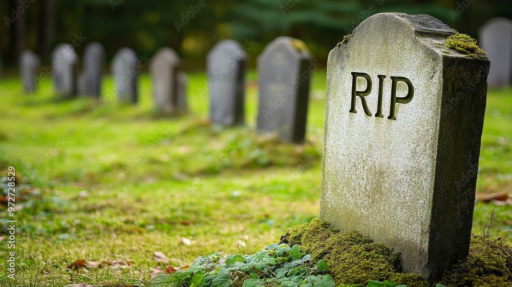 abandoned grave, row of graves in background, background blurred, "RIP ...