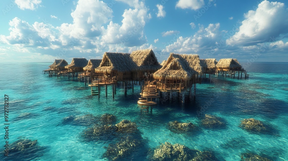 Fotografía Tropical island with thatched-roof huts on stilts over the ...