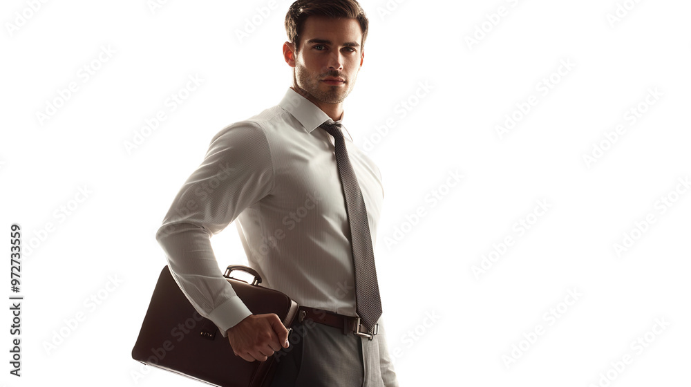 Confident businessman pose with a briefcase, stylish attire, conveying ...