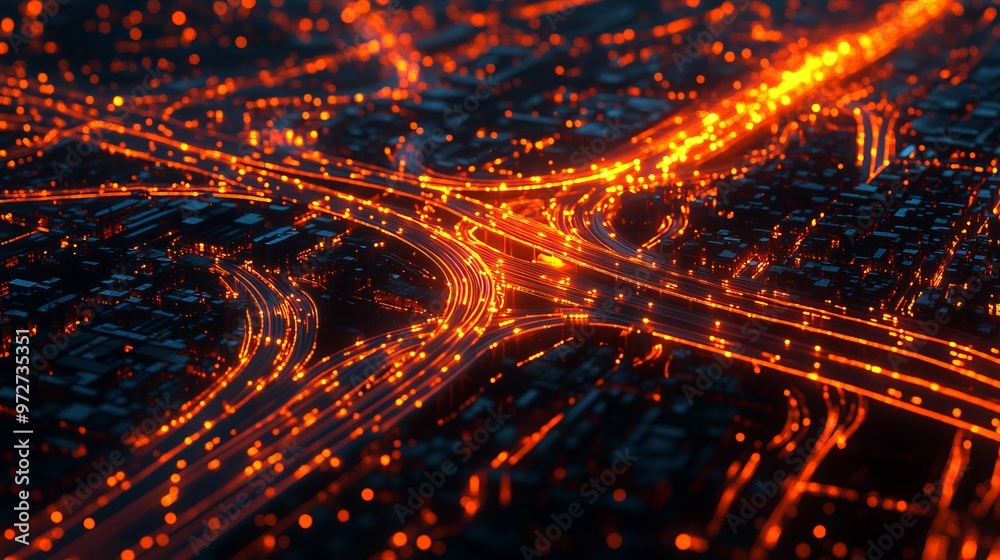 Heatmap of an urban road network, with bright red and orange lines ...
