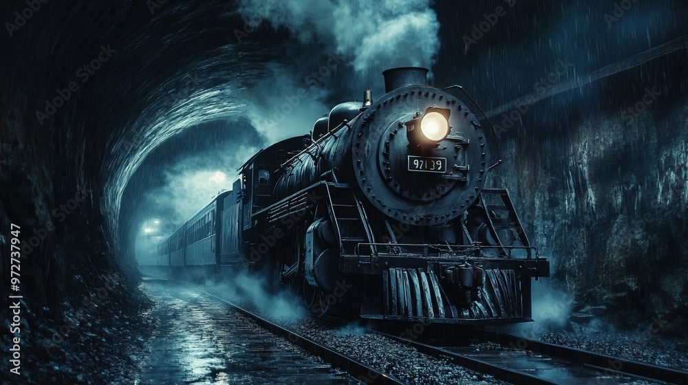 The intimidating steam locomotive powers through a dark, rainy ...