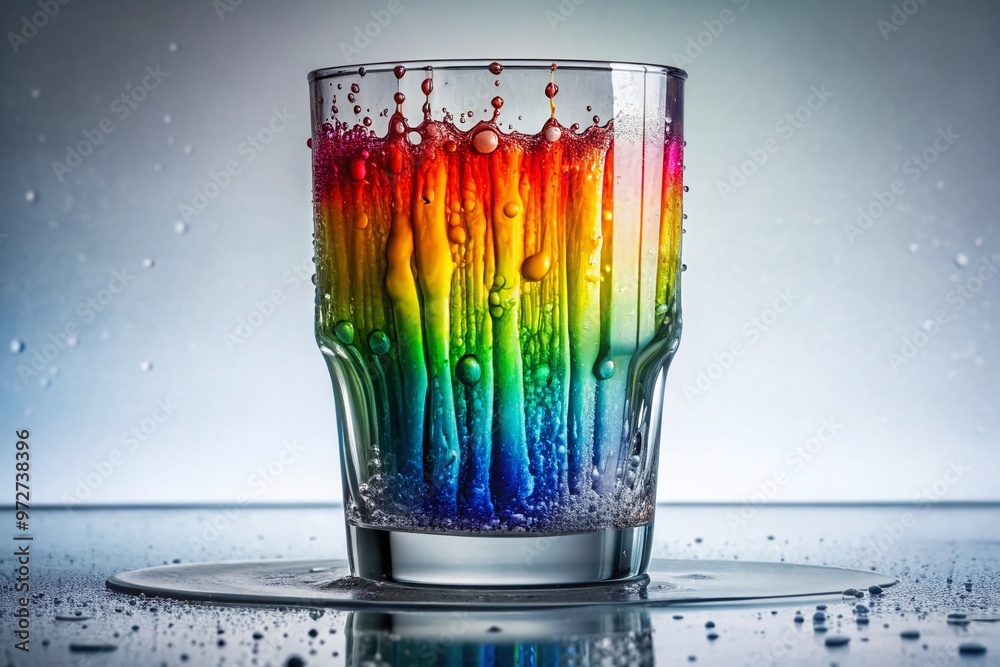 Vibrant colors of the rainbow cascade down a frosty glass in a ...