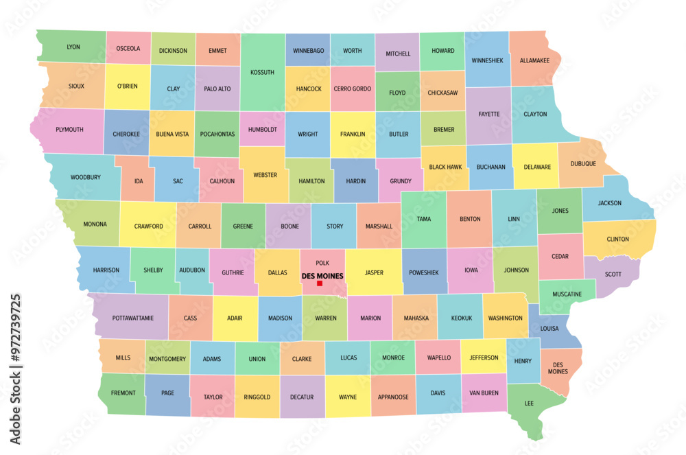 Iowa, U.S. state, subdivided into 99 counties, multi colored political ...