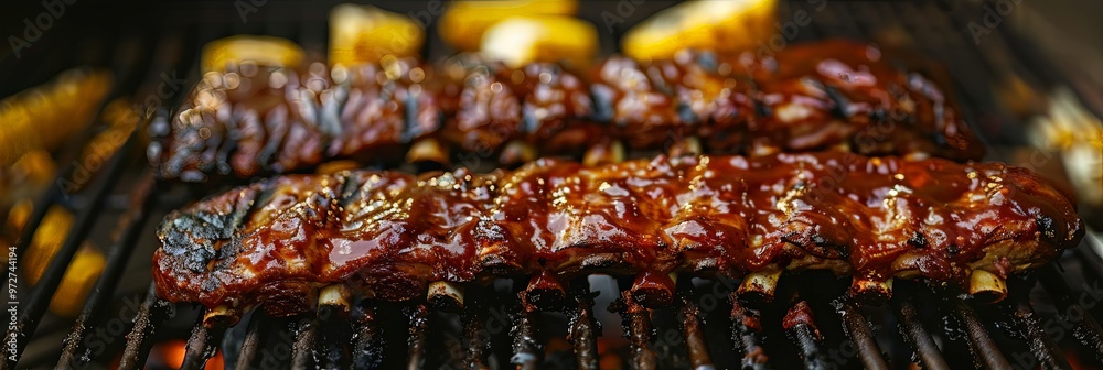 Sticky, mouthwatering barbecue ribs dripping with savory sauce, cooking ...