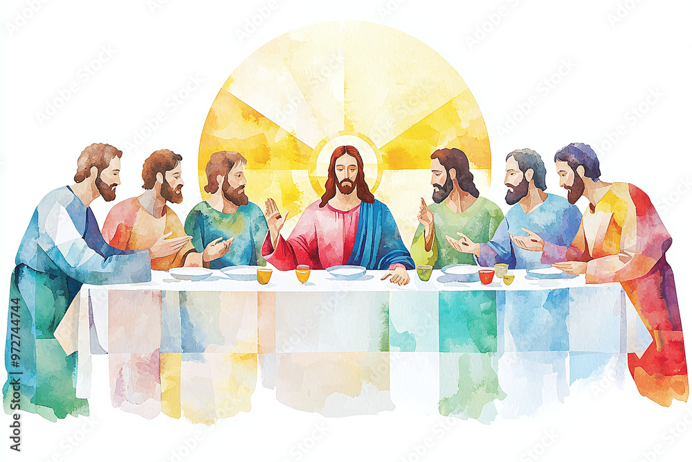 religious watercolor illustration of The Last Supper, Jesus centered ...