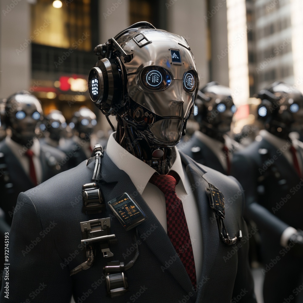 11. Group of robots wearing business suits at a stock exchange ...