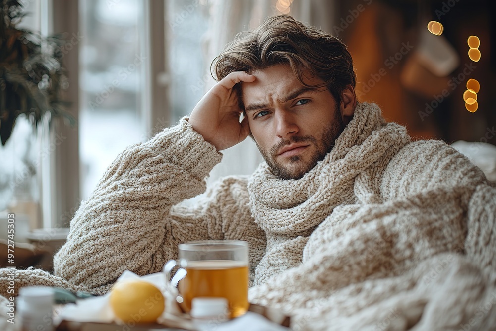 A young man suffers from a cold at home with tea and lemon wrapped in ...