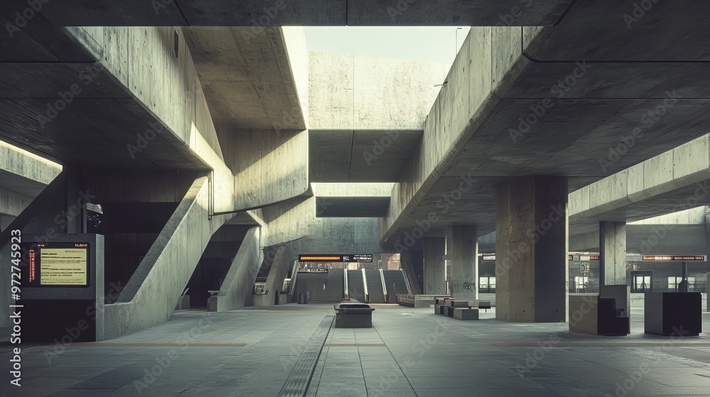 Brutalist bus terminal with angular concrete canopies and stark ...