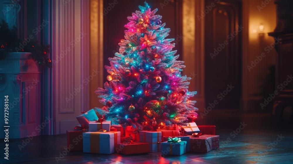 Heatmap of a Christmas tree with presents underneath, warm colors ...