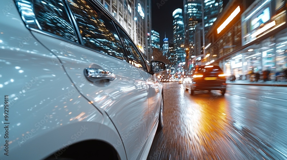 Taxi driver in a large city, driving through streets lined with tall ...