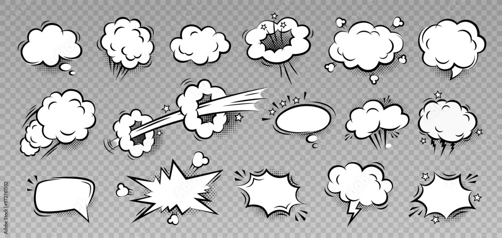 Set of manga comic speech bubbles template with black halftone shadows ...