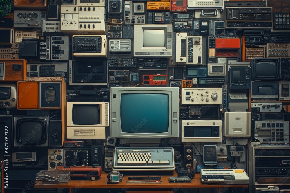Nostalgic Retro Technology Background from the 80s and 90s with Copy ...