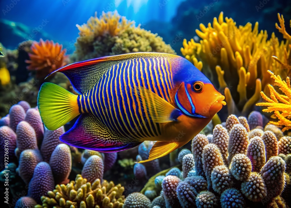 Vibrant marine angelfish swims gracefully amidst a kaleidoscope of ...
