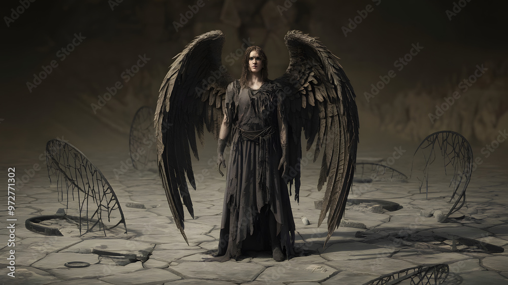 Dark Fantasy Illustration of a Fallen Angel Standing Amidst Scattered ...
