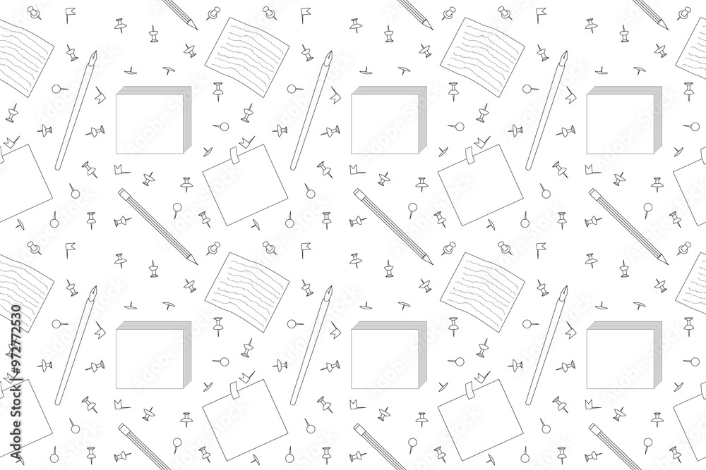 Seamless back-to-school coloring page featuring stationery items like ...