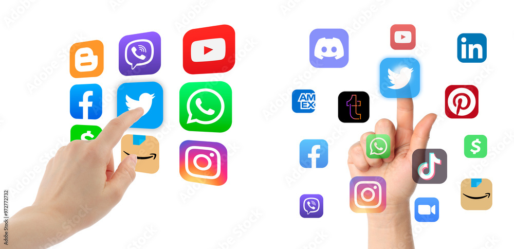 Set of Hands, which pushing virtual social media app icon, isolated on ...