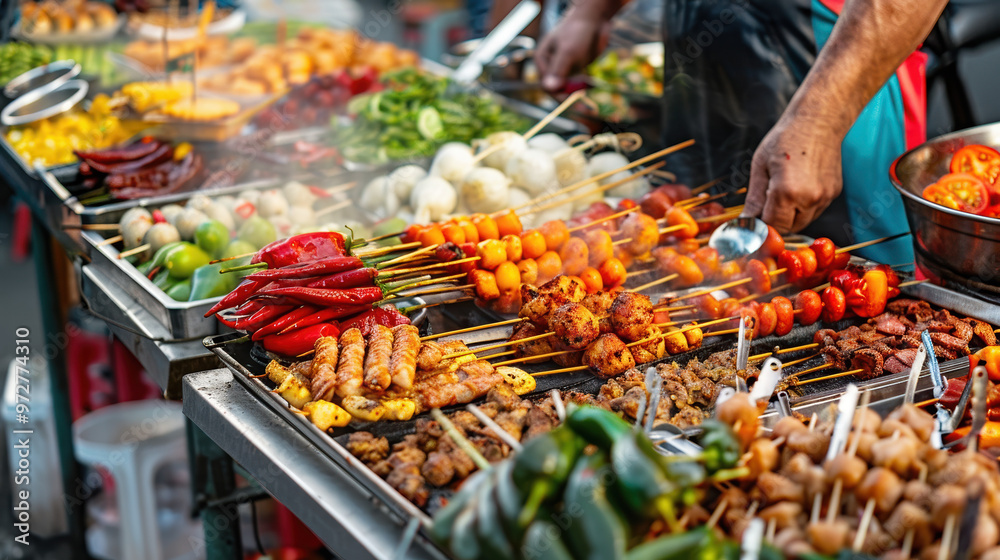 street food skewers barbecue grilled food market vendor asian cuisine ...