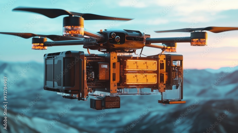 A drone with its battery compartment open, showing the removal and ...