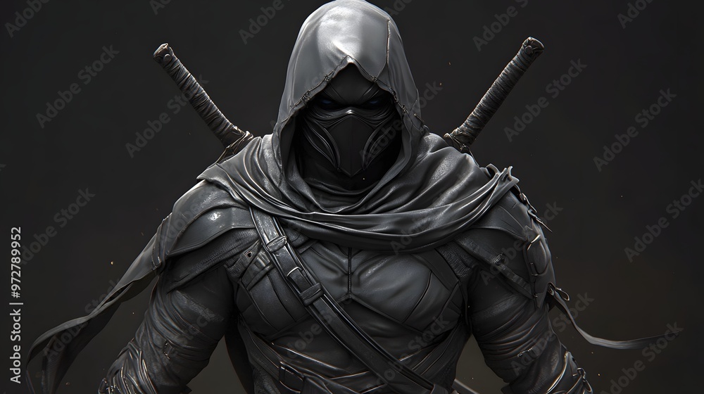 37. **Detailed 3D depiction of a masked assassin warrior with dual ...