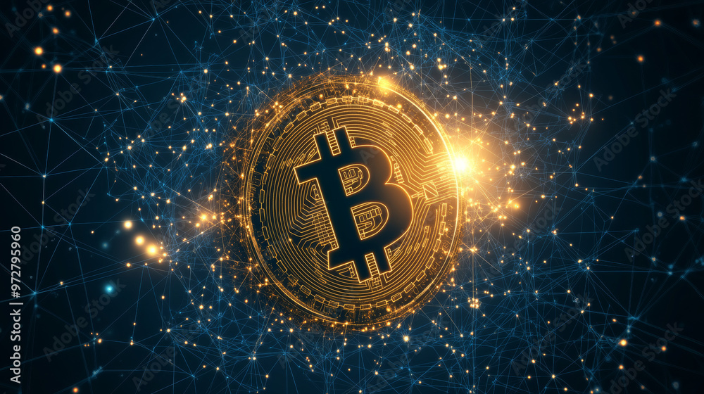 Abstract depiction of a Bitcoin logo as a starry sky or space, made up ...