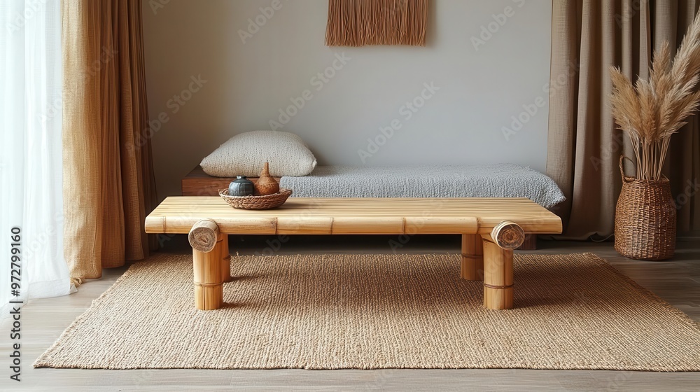 Low bamboo coffee table with a smooth surface, set in an eco-friendly ...