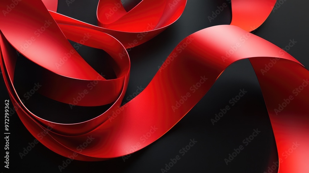 Red ribbon loop cascading into multiple curves on a glossy black ...