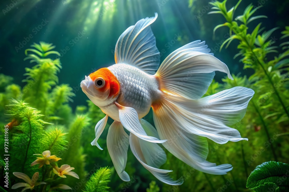 Vibrant white Oranda goldfish with flowing fins and a majestic veil ...