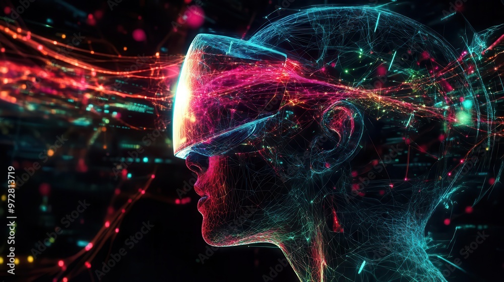 cybernetic mindscape futuristic vr headset merging with neural network pulsating energy threads ...