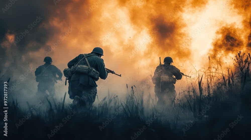 dramatic battlefield scene from world war ii with soldiers in action ...