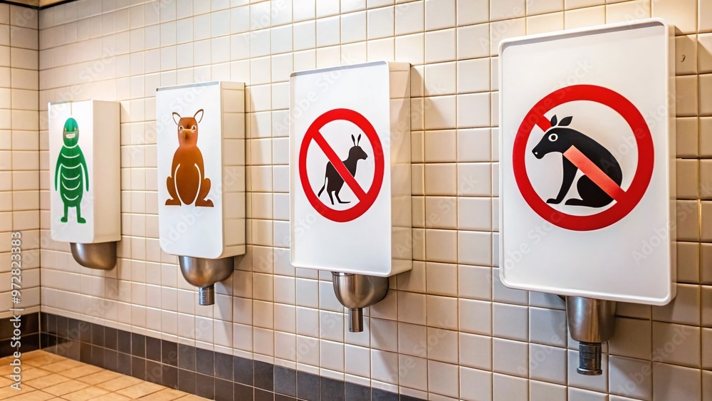 Whimsical, humorous signs adorn a public restroom, featuring ...