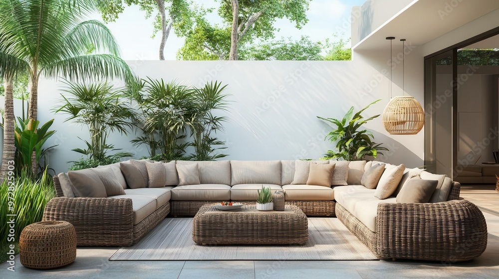 elegant outdoor furniture set rattan and straw textures neutral tones ...