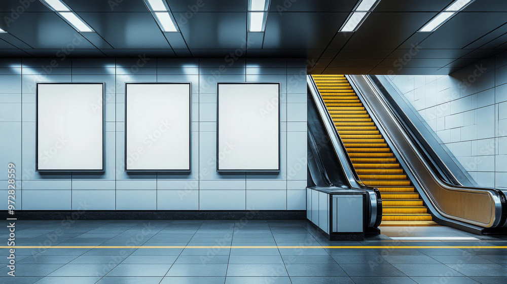 Mockup of a digital display in a modern subway station with escalators ...