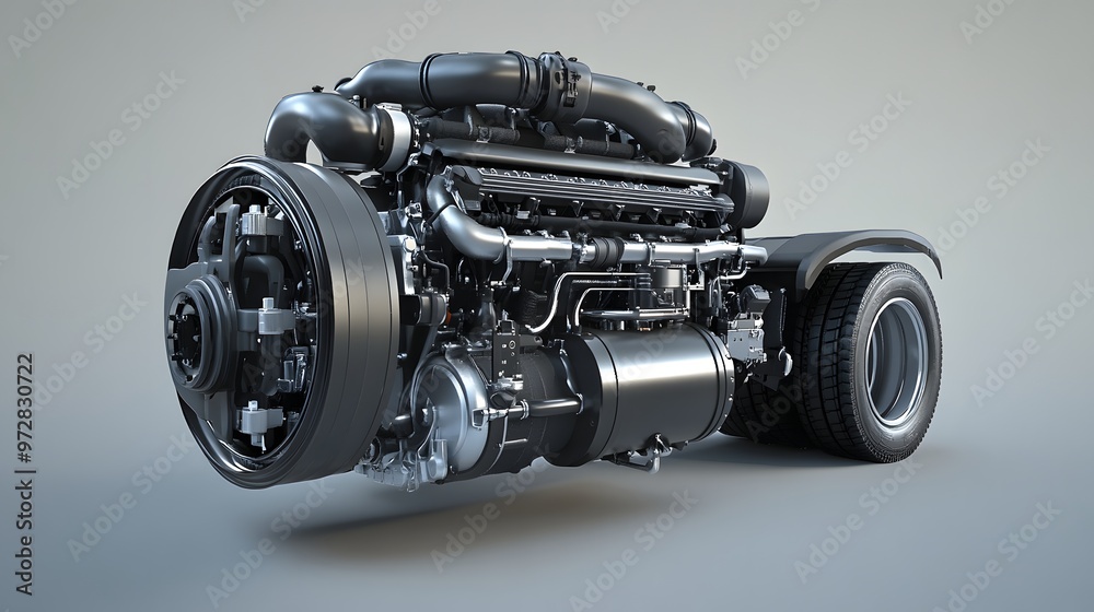 41. **High-resolution 3D model of a powerful truck engine with visible ...
