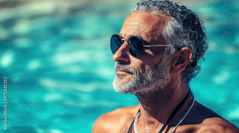 Greek DJ with chiseled features and gray hair, lost in the music ...