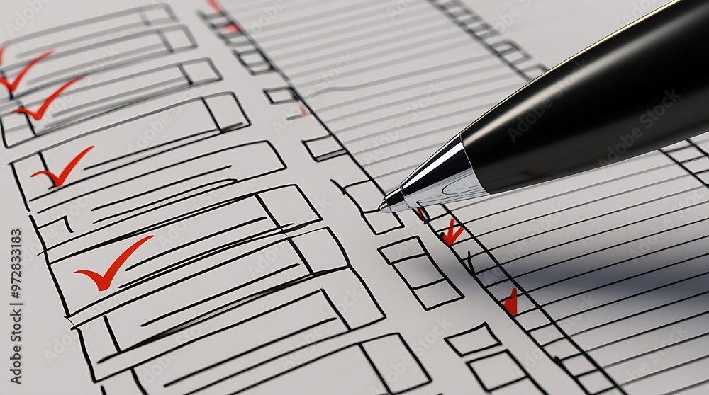 Detailed image of a checklist with marked tasks and a pen on a white ...