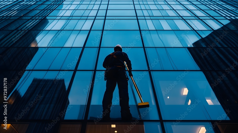 A window cleaner in action on a glass facade, top floor of a skyscraper ...