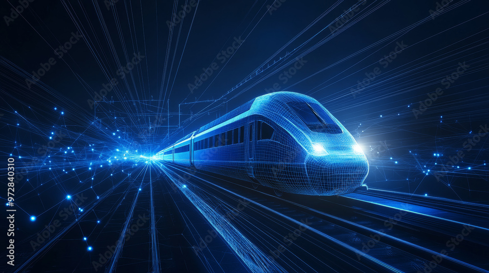 Abstract polygonal high-speed train on a rail bridge set against a dark ...