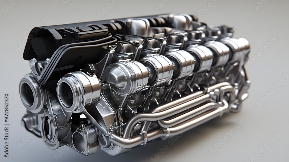 9. **Detailed 3D depiction of a V8 engine with exposed cylinder heads ...