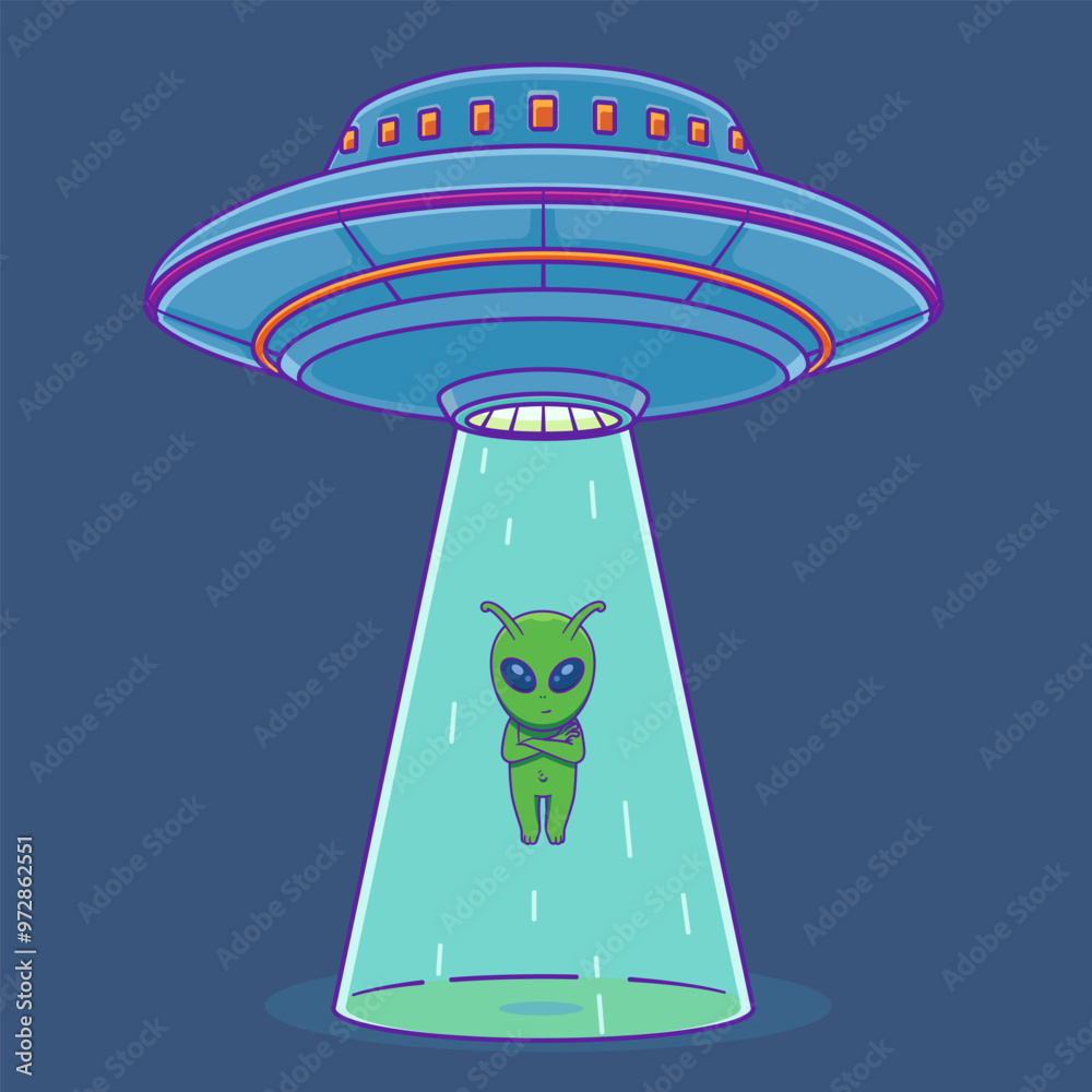Vector Illustration of An Alien Comes Out Of A Flying Saucer. Cartton ...