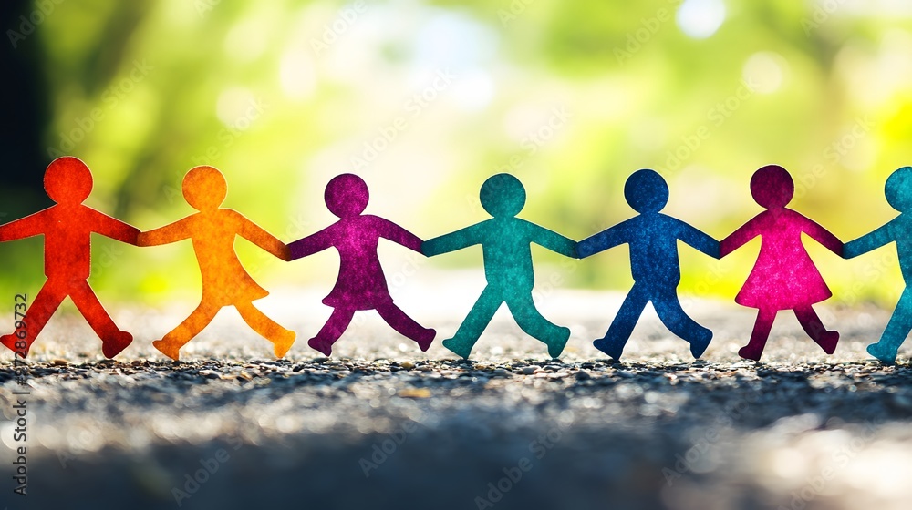 Colorful Paper People Holding Hands on a Gravel Path with a Blurry ...