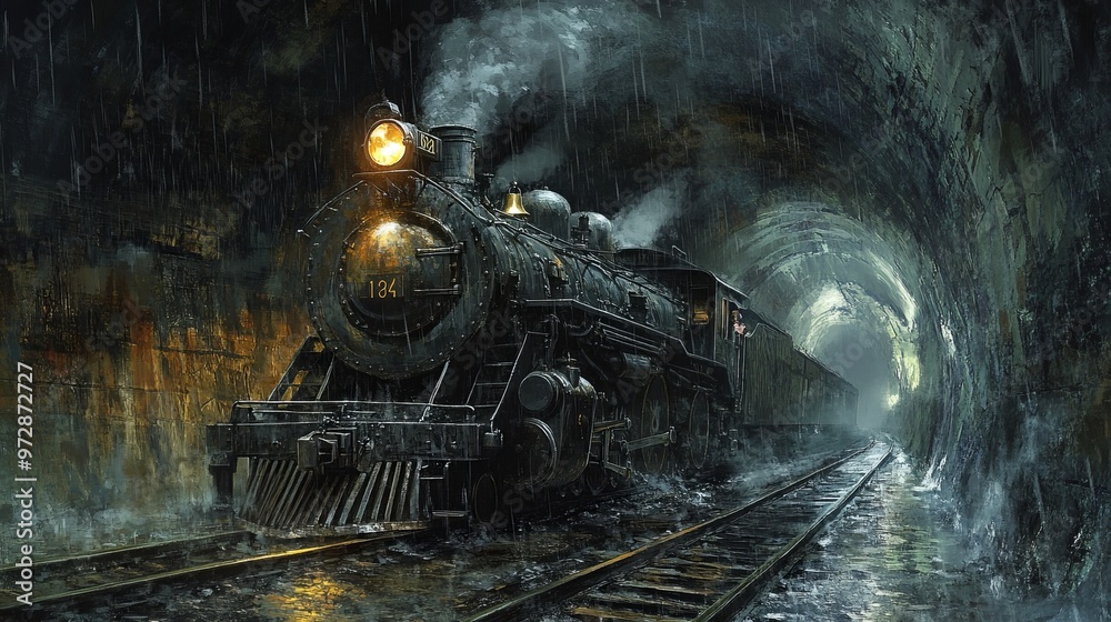 The intimidating steam locomotive powers through a dark, rainy ...