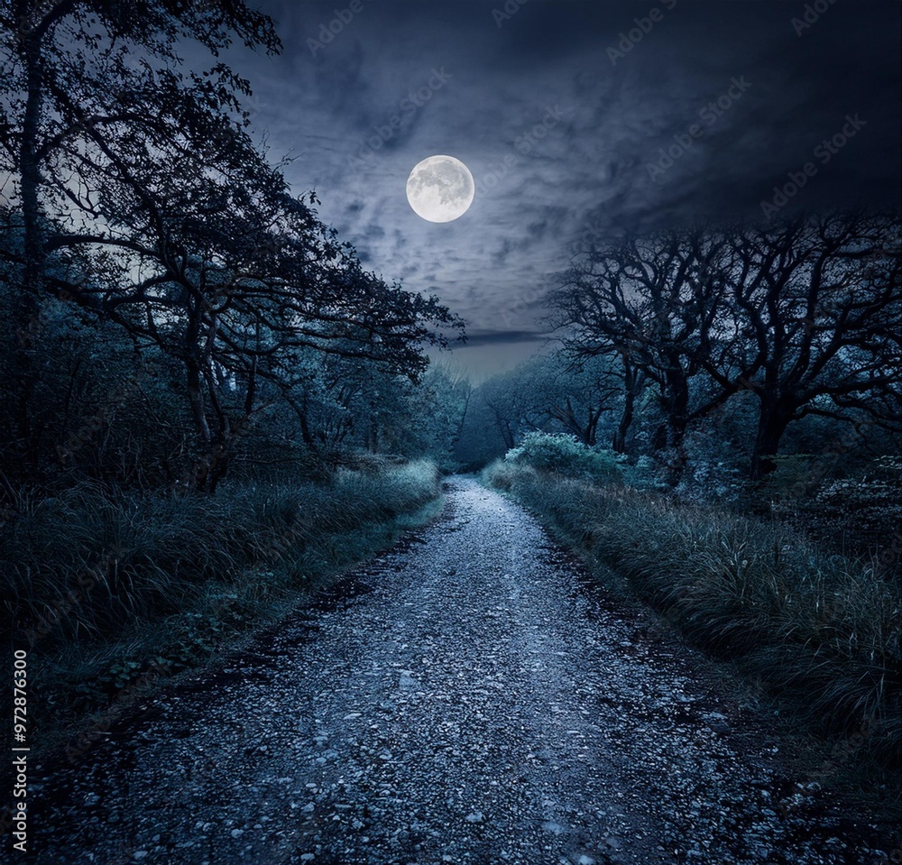Country path in the middle of a deep dark forest at midnight with no ...