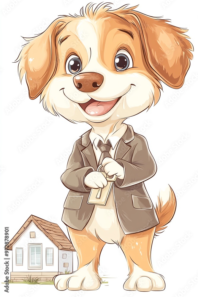 Dog Real Estate Agent A smiling cartoon dog in a business suit, holding ...