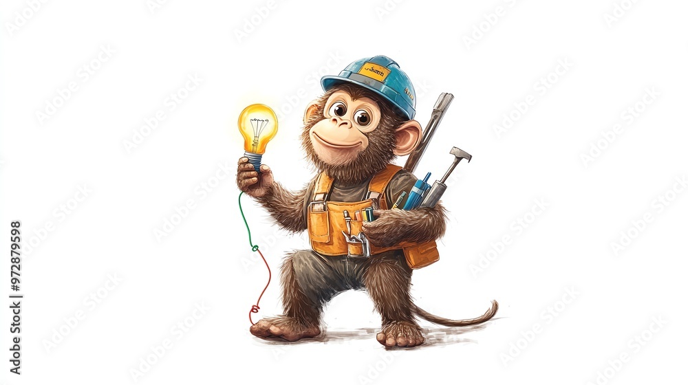 Monkey Electrician A cartoon monkey in a tool belt and helmet Stock ...