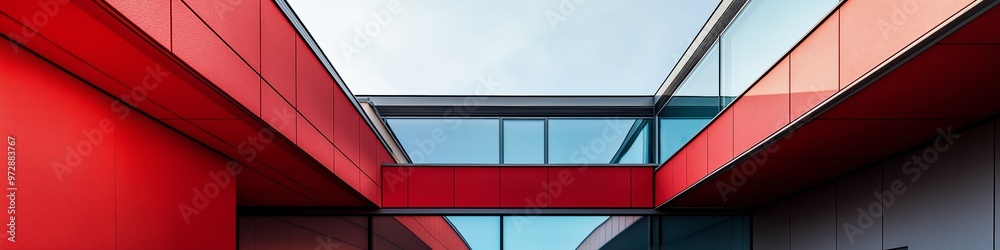 A red building with a glass roof and a blue sky in the background. The ...