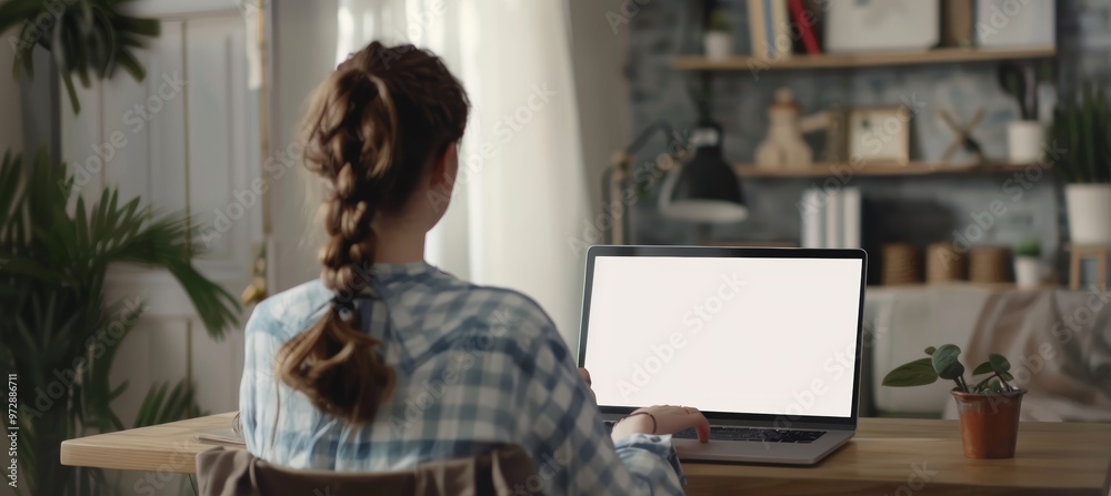 Remote learning setup: Student typing on laptop for educational webinar ...
